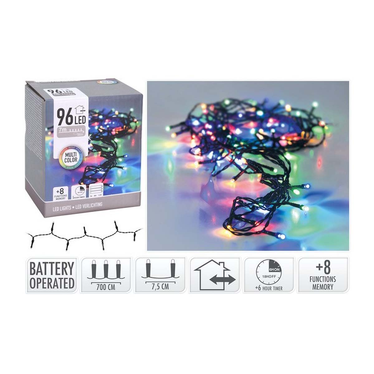 GUIRLANDE LUMINEUSE-7M-96LED-8FONCTIONS-A PILES-MULTI – Orca